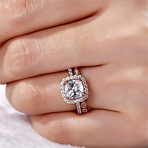 Jeulia 2.65 Carat Sterling Silver Ring Set Halo Cushion Cut Engagement Anniversary Wedding Band Ring Set with Jewelry Gift Box for Women (Rose Gold, 9)