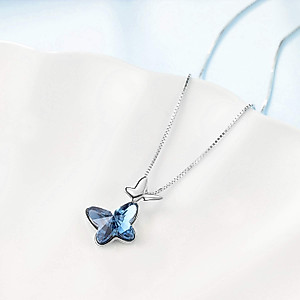 AOBOCO Morpho Helena Butterfly Necklace Sterling Silver Women Necklace with with Crystals from Austria, Fine Anniversary Birthday Butterfly Jewelry Women Her Wife(Blue)
