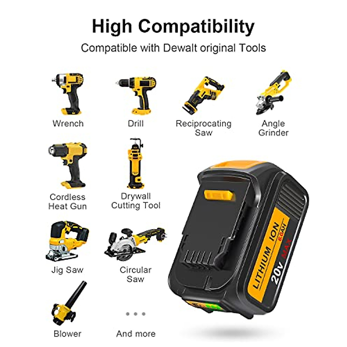 2Pack 6000mAh Replacement for Dewalt 20v Battery with a Charger (Include One Toolkit)