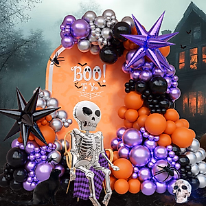 161Pcs Halloween Balloons Garland Arch Kit,Black and Orange Balloons with Skeleton Pumpkin Foil Balloons, Silver Purple Metallic Balloons for Halloween Party Decorations Birthday