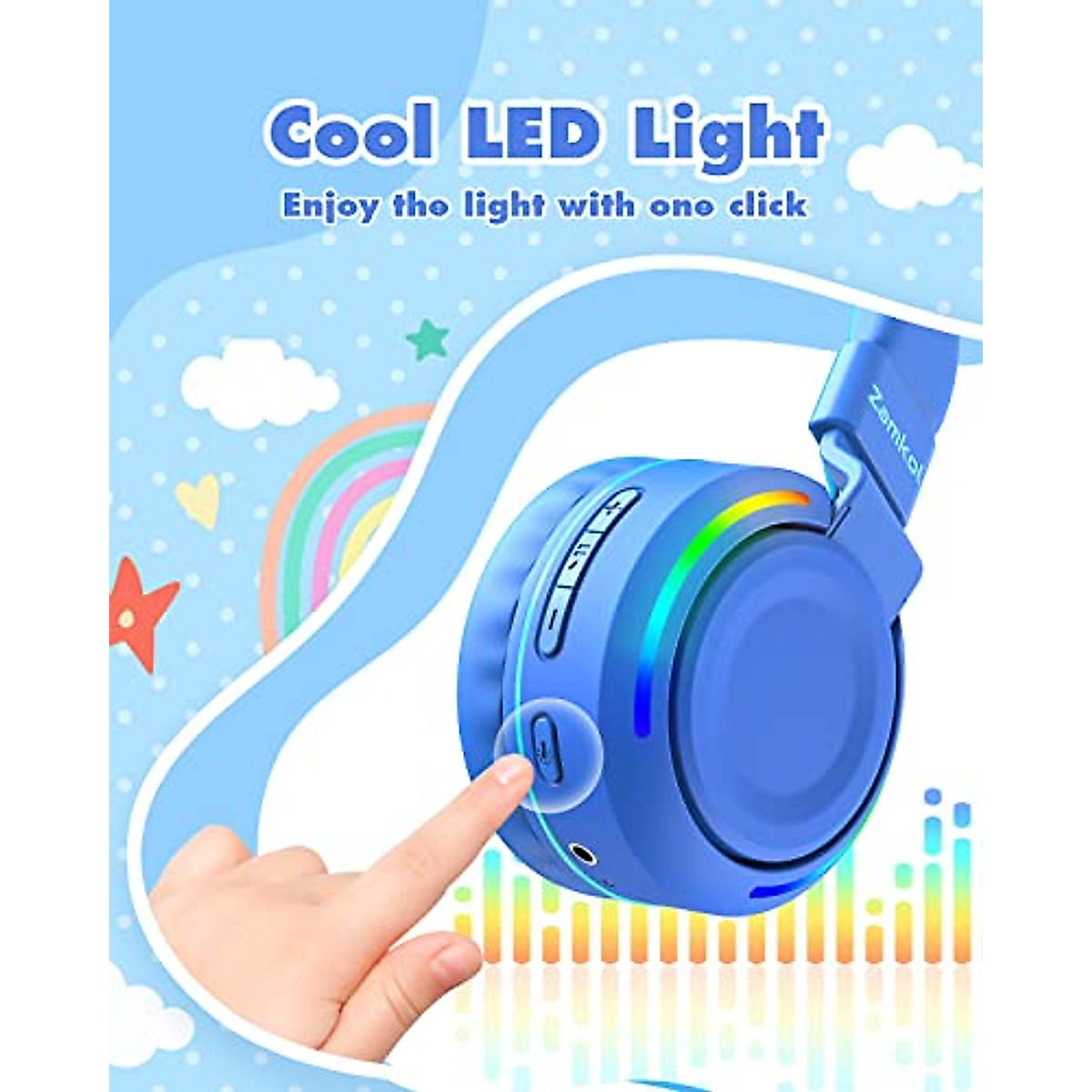 ZAMKOL Kids Bluetooth Headphones, Kids Wireless Headphones with MIC, 50H Play Time, Colorful LED Lights, 85/94db Volume Limited, Bluetooth 5.0, Foldable, Over Ear Headphones for School Travel iPad