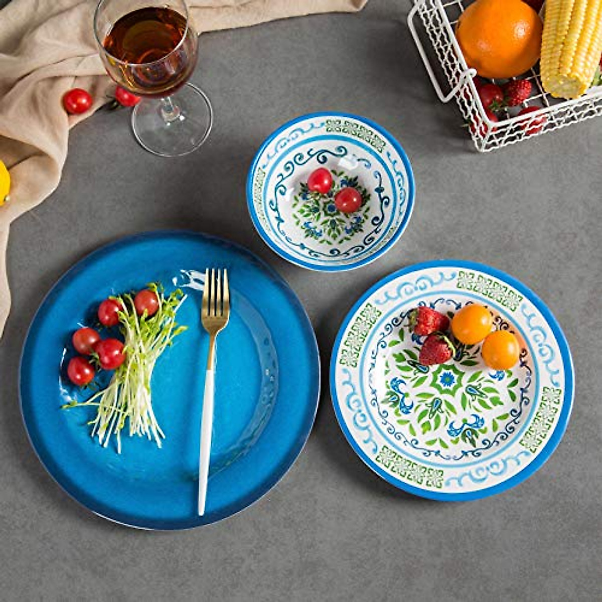 Melamine Dinnerware Sets for 4 - 12pcs Plates and Bowls Sets ,Unbreakable, Dishwasher Safe, Indoor Outdoor Use