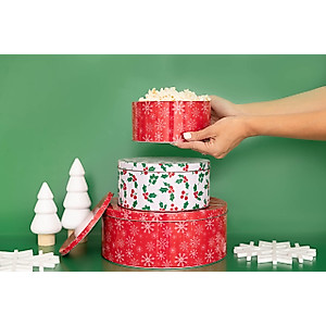 Steel Mill & Co Tin Containers with Lids, 3 Pack Christmas Cookie Tins, Festive Cookie Tins for Gift Giving & Holiday Treats, Round Metal Nesting Containers, Large Medium Small, Snowflake & Holly
