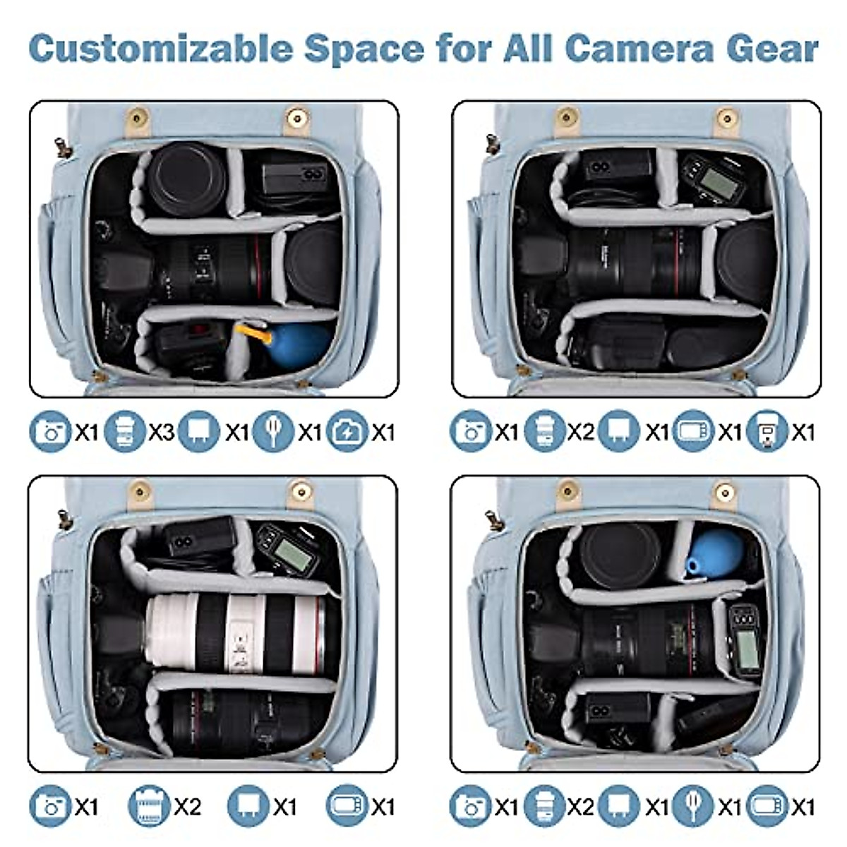 BAGSMART Camera Backpack, DSLR Camera Bag, Waterproof Camera Bag Backpack for Photographers, Fit up to 15" Laptop with Rain Cover and Tripod Holder, Light Blue