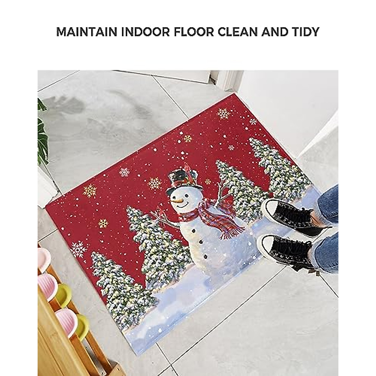Yun Nist Christmas Snowman Bathroom Rug,Xmas Tree Red Soft Shag Rug Non Slip Doormat,Winter Snowflakes Absorbent Carpet Furry Cozy Floor Mat for Kitchen Bedroom Living Room 16x24in