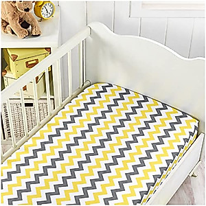 Handywa - 100% Cotton 2 Pack Fitted Crib Sheet Set for Baby and Toddler Bed Mattresses - Yellow Gray Construction Trucks and Chevron for Boy Nursery