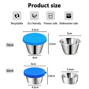 Ptsygantl Salad Dressing Container, Stainless Steel Condiment Containers with Silicone Lids, Mini Metal Sauce Cups Leakproof Dipping Sauce Cups (70ml 6 colors 6pcs/pack)