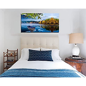Arjun Lake Canvas Wall Art Blue Mountain Sky Nature Landscape Boat Picture Artwork Modern Spring Painting Framed Large for Living Room Bedroom Bathroom Dinning Room Home Office Wall Decor, 40"x20"