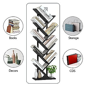 Yusong Tree Bookshelf, Geometric Bookcase with Steel Pipe for Living Room Bedroom, Floor Standing Books Shelves for Home Office (Black, 9 Tier)