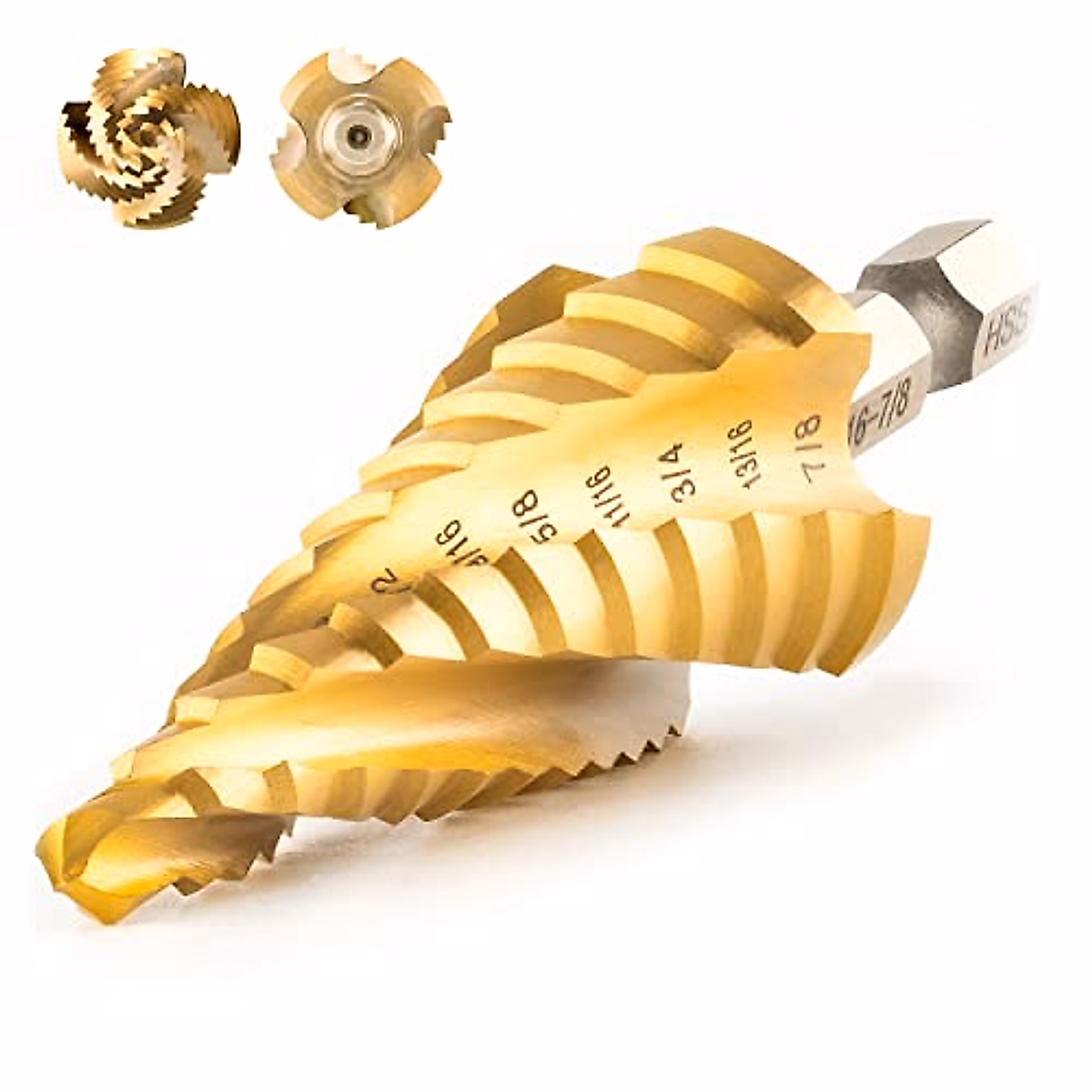 toolant Four Sprial Flute Step Drill Bit, 3/16"-7/8" Impact Ready Titanium Coated Unibit Step Bit, 1/4" Hex Shank Unibit for Metal, Stainless Steel, Aluminum, Wood, Plastic