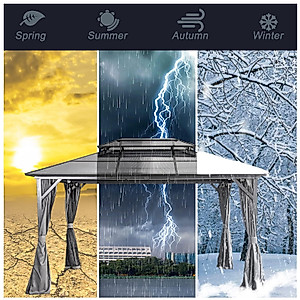 10'x13'Hard top Gazebo Patio Pavilion Double Room PC Roof Canopy Outdoor Aluminum Frame Permanent Metal Pavilion with Net and Curtain, Suitable for Backyard, Garden, Lawn (Brown)