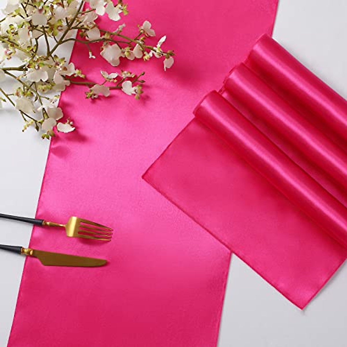 Horbaunal 12 Pack Hot Pink Satin Table Runner 12 x 108 Inch, Smooth Table Runners for Wedding Banquets Birthday Party