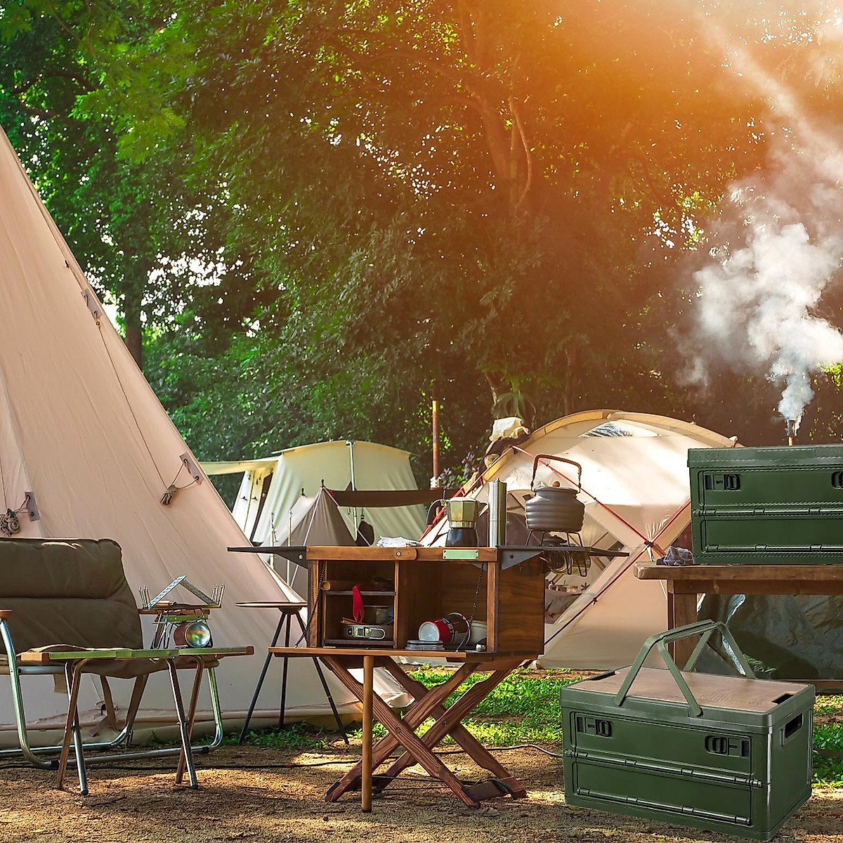 PATIKIL Collapsible Storage Bins with Lids and Handle, 2 Pcs 30L 8Gal Plastic Camping Storage Box Stackable Side Opening Organizer Basket for Car Rv Office Home, Green