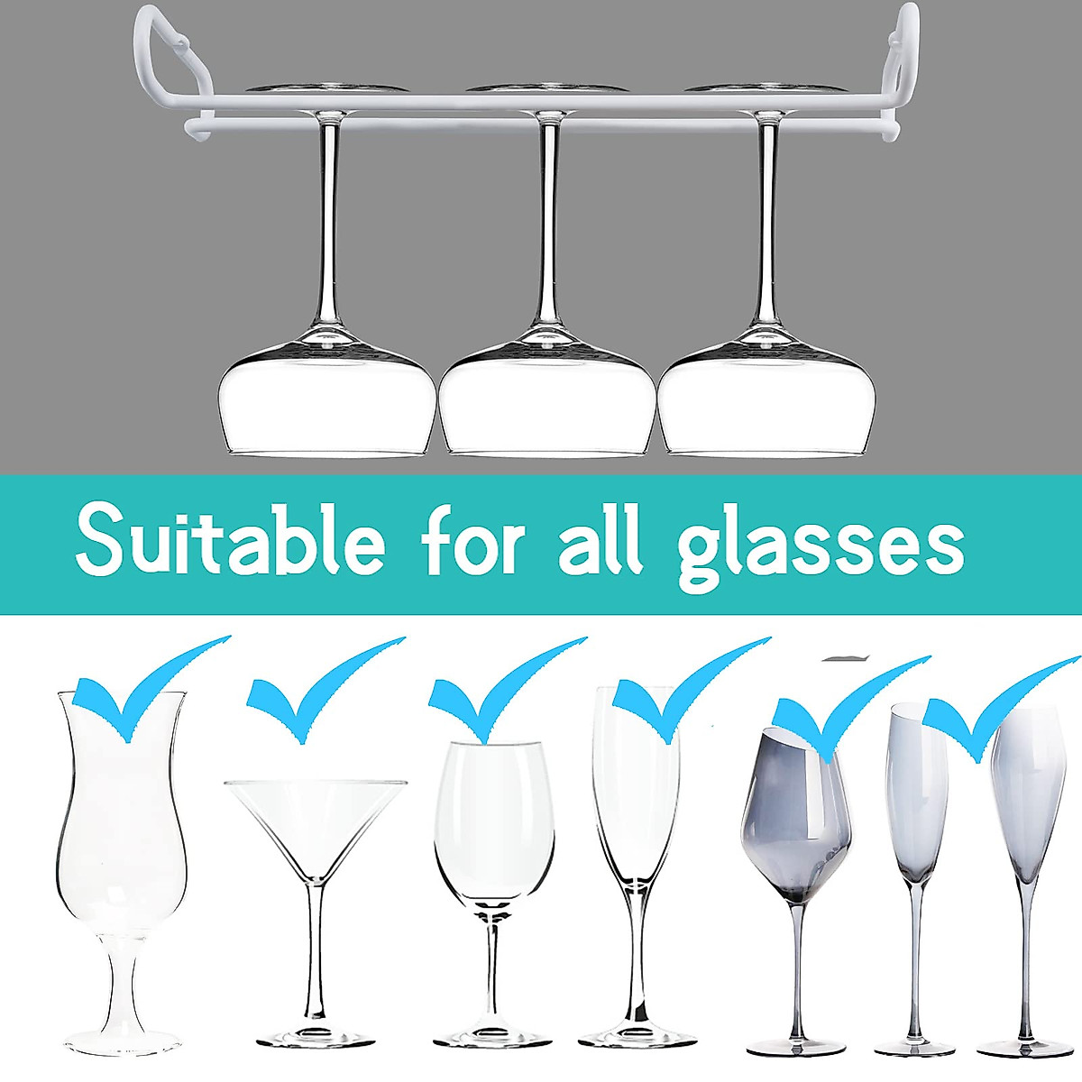 eastbao white 4 Wine Glass Rack Under Cabinet Shelf Glasses Holder Storage With Drying Stemware Rack Under Counter Wine Glass Holder Metal Hanger Steamware Wine Glass Hanging Rack for Kitchen