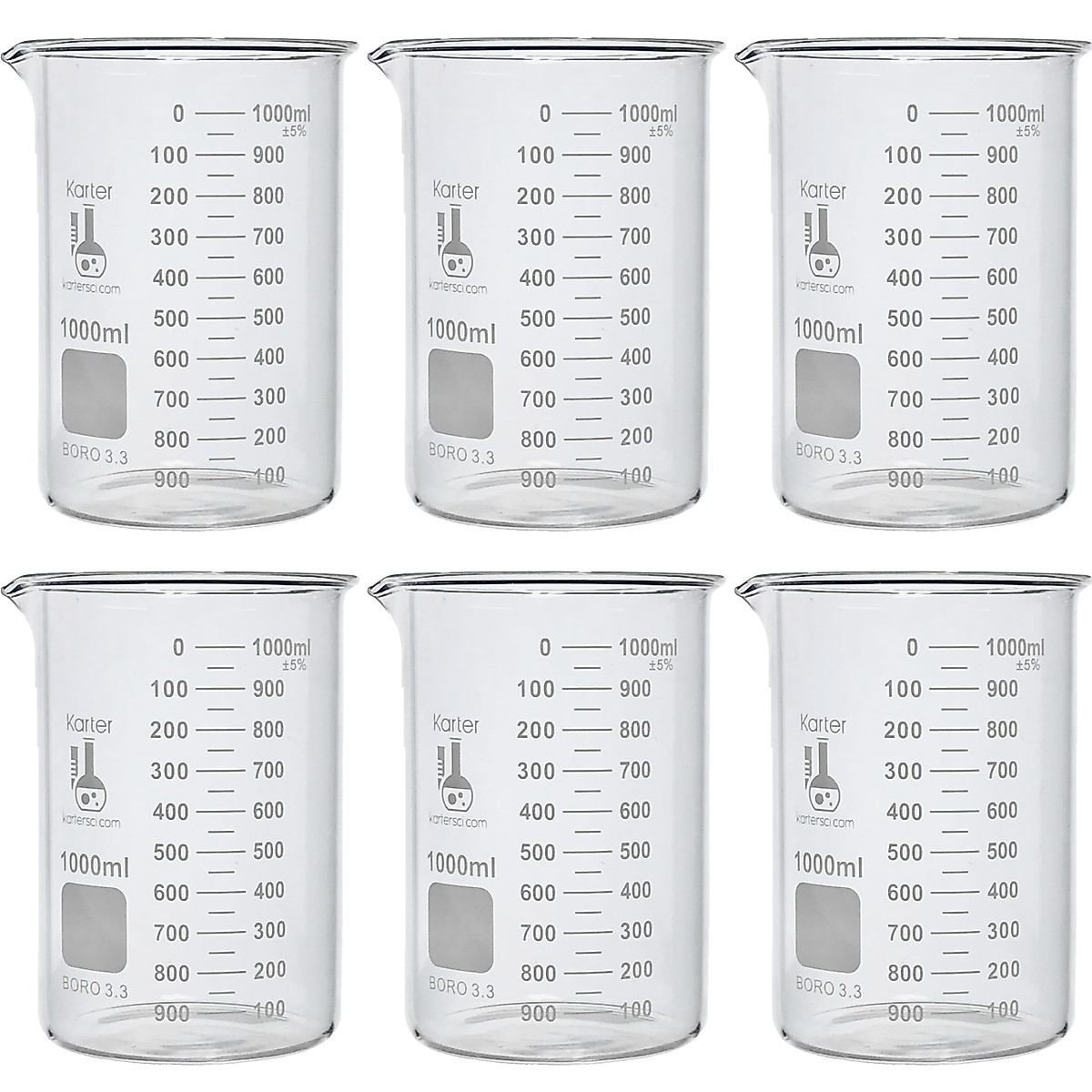 1000ml Beaker, Low Form Griffin, Borosilicate 3.3 Glass, Double Scale, Graduated, Karter Scientific 213D19 (Pack of 6)