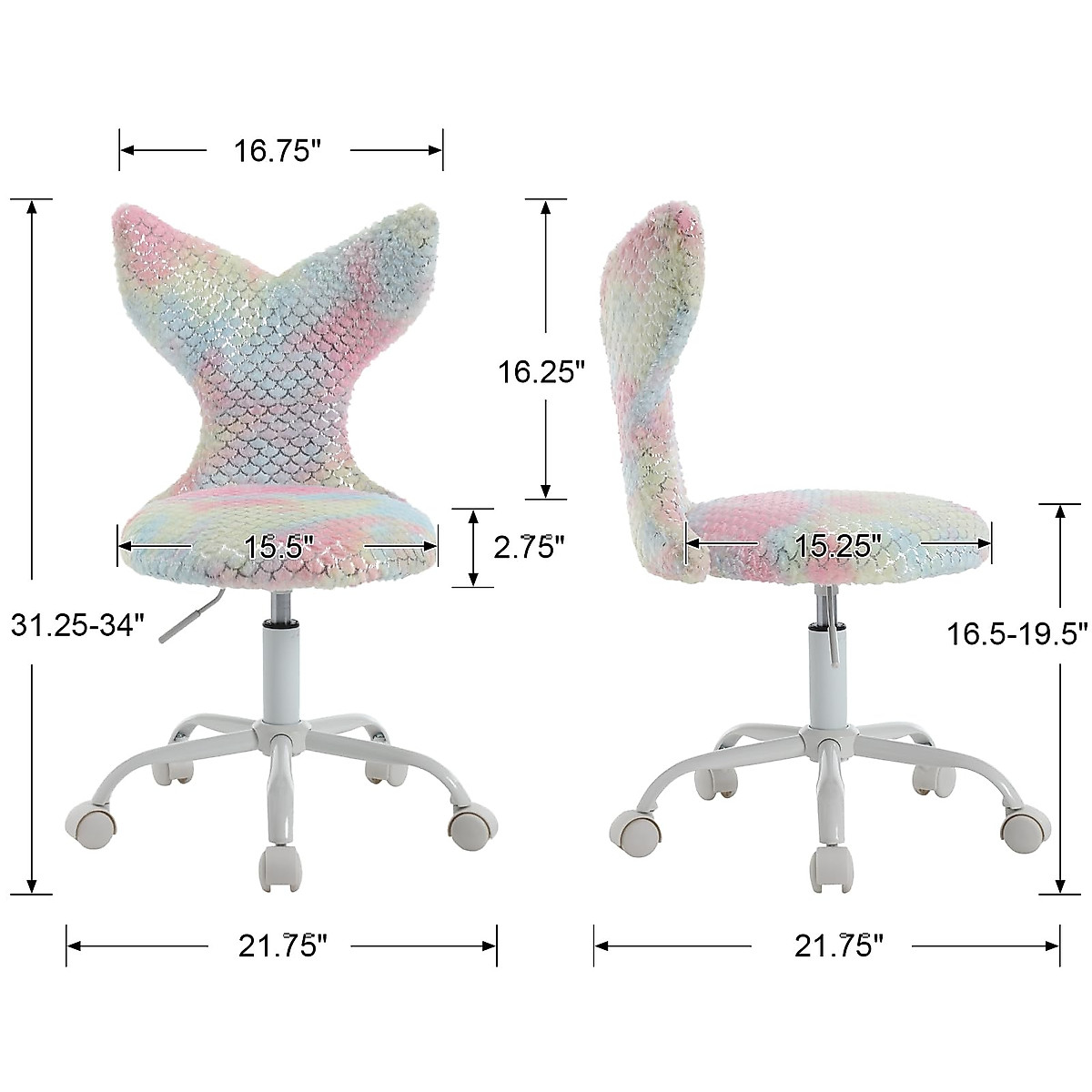 Guyou Cute Fuzzy Desk Chair for Kids/Girls/Boys, Mermaid Kids Study Chair Fluffy Children’s Swivel Chair with Wheels and Adjustable Height for Computer/Bedroom/Study Room Reading (Light Colorful)
