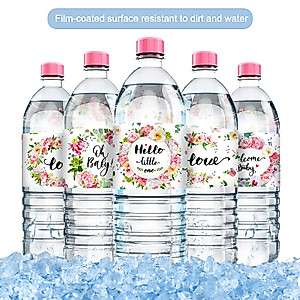 Chinco 48 Pieces Waterproof Baby Shower Water Bottle Labels Pink Water Bottle Wrappers Floral Bottle Labels Unisex Water Bottle Sticker Labels Shower Decorations for Baby Birthday Party, 4 Styles