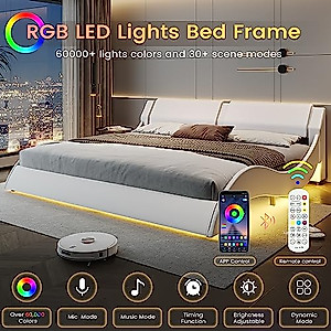 DICTAC King Size Bed Frame with LED Lights Modern King Led Bed Frame with Upholstered Headboard Faux Leather Low Profile Platform Bed Frame Wave Like Curve Bed Frame,No Box Spring Needed,White