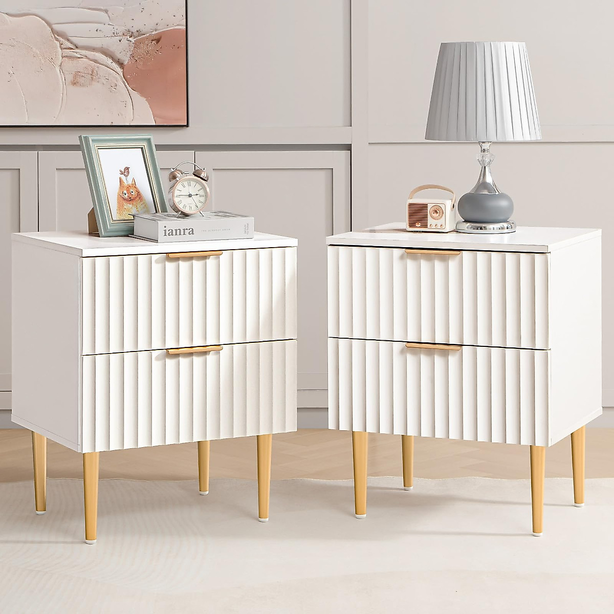 SICOTAS White Night Stand Set 2, Wide Fluted Nightstand with 2 Drawers, Modern Glossy Storage Bedside Table for Bedroom, End Side Table with Golden Metal Legs and Handles（2, White）