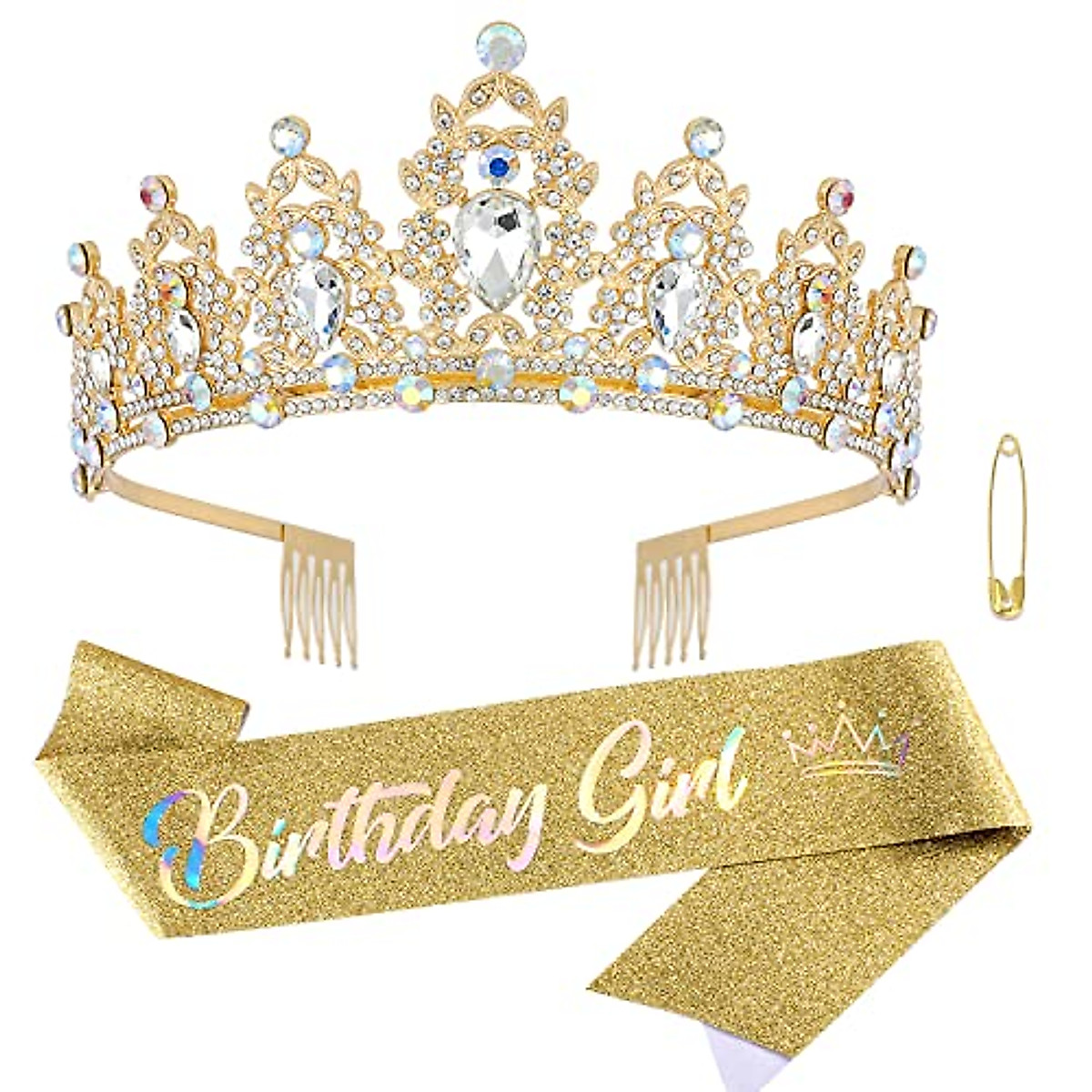SuPoo Gold Birthday Tiara & Sash Set for Women & Girls - Rhinestone & Metal Crown with Comb & Satin Sash - Perfect for Birthdays, Weddings & More