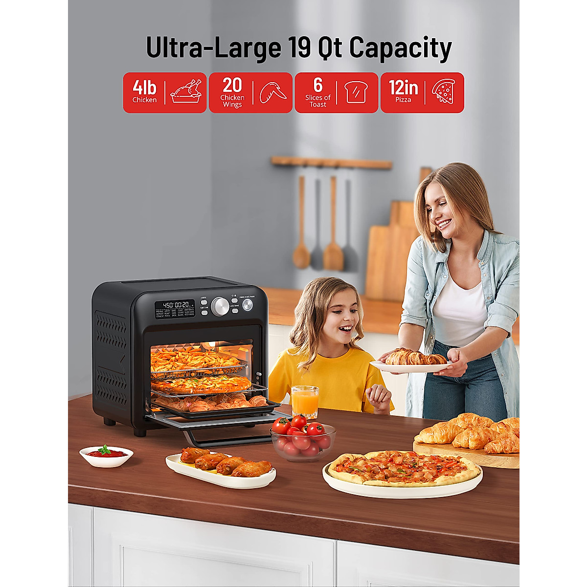 PARIS RHÔNE Air Fryer Oven 19QT, Family-Sized Toaster Oven, Convection Oven with Child Lock, Fits 12-inch Pizza, 6-Slice Toast, Button & Knob-Controlled Kitchen Appliance, Dishwasher Safe (19QT)