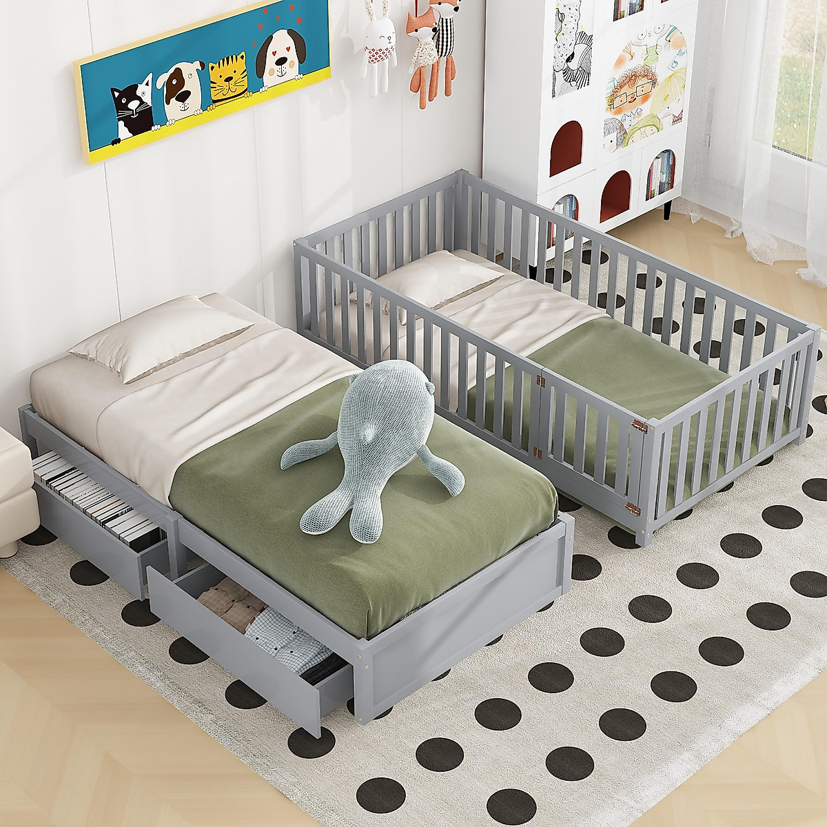 SOFTSEA Wood Daybed Twin Size with Fence Guardrail and Storage Drawers, Split Into Independent Floor Bed and Daybed for Boys Girls, Kids Platofrm Daybed Frame, Gray