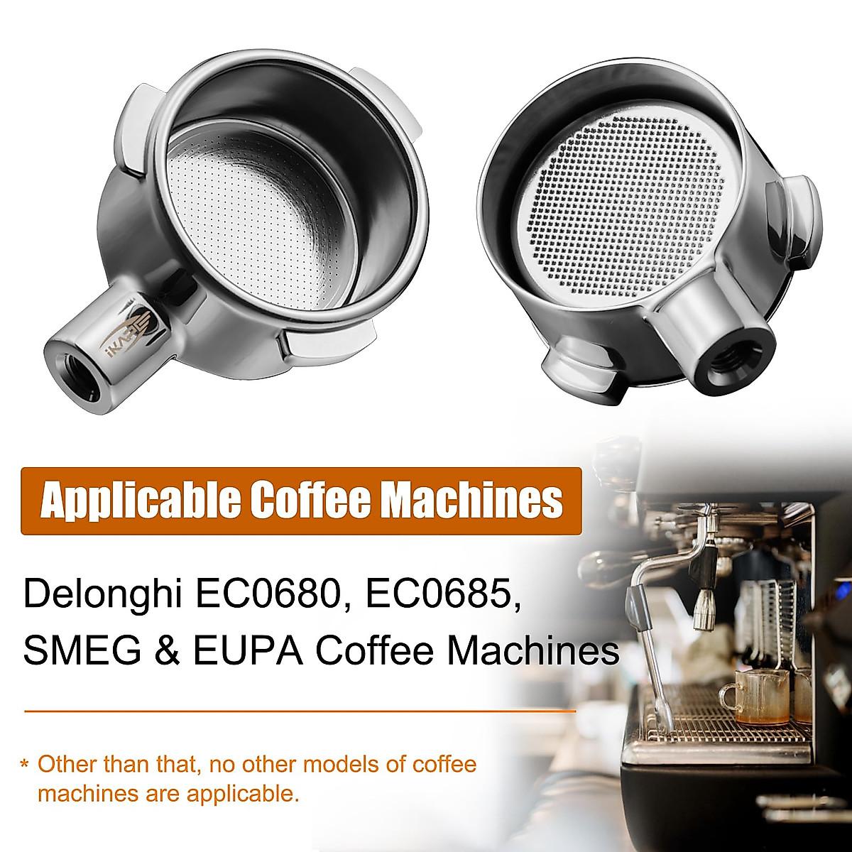 IKAPE Coffee Products, 51mm Bottomless Naked Portafilter Compatible with 51mm Delonghi EC0680, EC0685, SMEG & EUPA Coffee Machines (Included 14g Capacity Filter Basket)