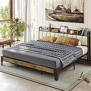 LIKIMIO King Bed Frame, Storage Headboard with Charging Station, Solid and Stable, Noise Free, No Box Spring Needed, Easy Assembly (Walnut and Beige)