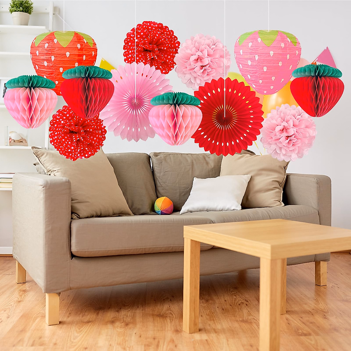 Strawberry Party Decorations Strawberry Hanging Banner Red Pink Tissue Pom Poms Fans Honeycomb Balls Lanterns for Berry Sweet Fruits 1st Birthday Bridal Baby Shower Decorations Supplies