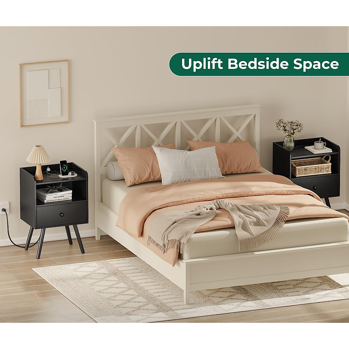 Huuger Nightstand with Charging Station and LED Lights, Bed Side Tables Set of 2, End Tables with Drawer, Side Table with Solid Wood Feet, Open Storage Space, for Bedroom, Black