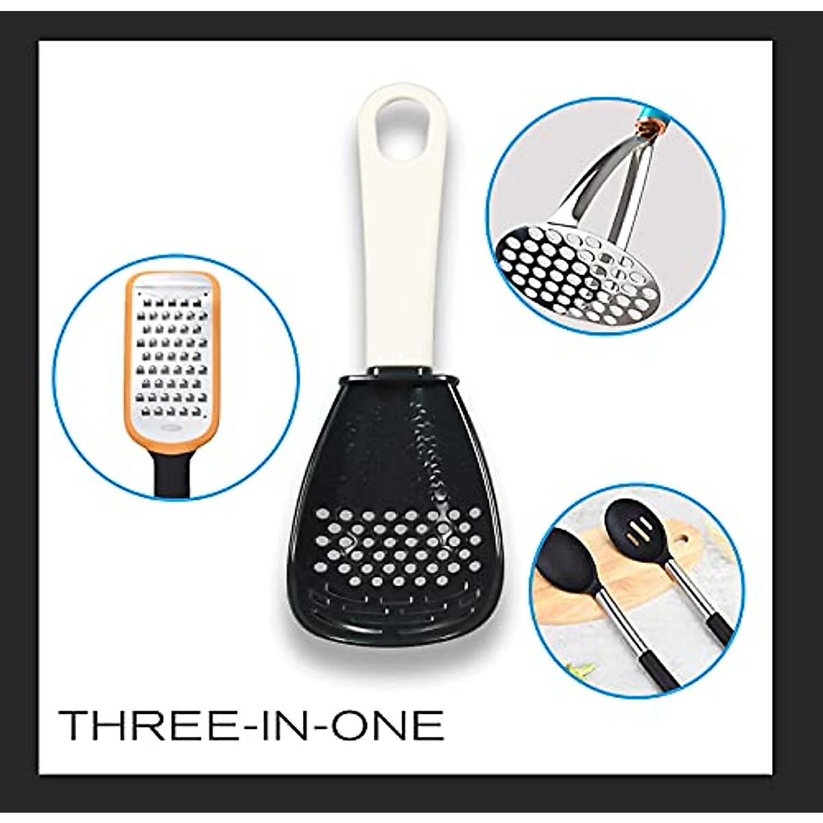 Multifunctional Cooking Spoon, Skimmer Scoop Colander Strainer Grater Masher, Non-stick, Non-toxic, Heat-resistant, for Cooking, Draining, Mashing, Grating, Beating