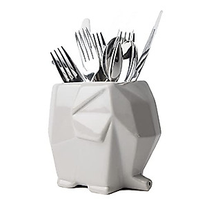 Novelty "Elephant" Cutlery Holder & Drainer for your Kitchen Sink - Multifunctional & Decorative Silverware Organizer, Utensil Caddy or Toothbrush Holder Made of Premium Ceramic - Grey