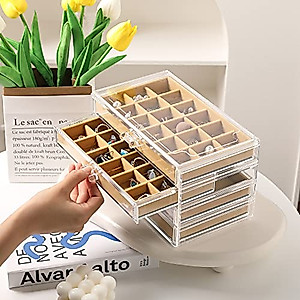Frebeauty Earring Organizer Box,Acrylic Jewelry Box With 4 Drawers,Clear Jewelry Organizer With Velvet Trays,Rings Necklace Bracelets Studs Display Case For Women Girls(Khaki)