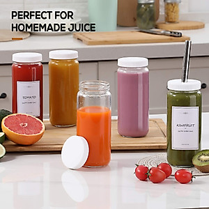 [ 8 Pack ] 16 OZ Reusbale Glass Juicing Bottles w Airtight Lids & 2 Straws & 2 Lids w Hole - Drinking Jars, Travel Water Cups - Tall Mason Jar for Juice, Boba, Smoothie, Tea, Kombucha, Homemade Drinks