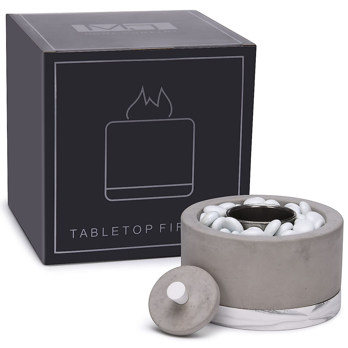 MJ Home Tabletop Fire Pit Bowl, Indoor Pit, Small Smores Place, Portable Fireplace, Personal Round Firebowl with Flame, Firepits for Use on Patio, Balcony, Camping., Gray White