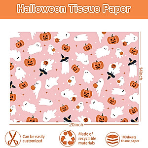 JarThenaAMCS 100 Sheet Halloween Tissue Paper Little Boo Gift Wrapping Paper Pink Pumpkin Ghost Decorative Art Paper for DIY Crafts Birthday Party Supplies, 14 x 20 Inch