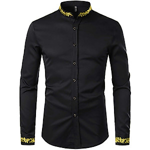 ZEROYAA Men's Luxury Gold Embroidery Design Slim Fit Long Sleeve Button Up Dress Shirts ZHCL44-Black Medium