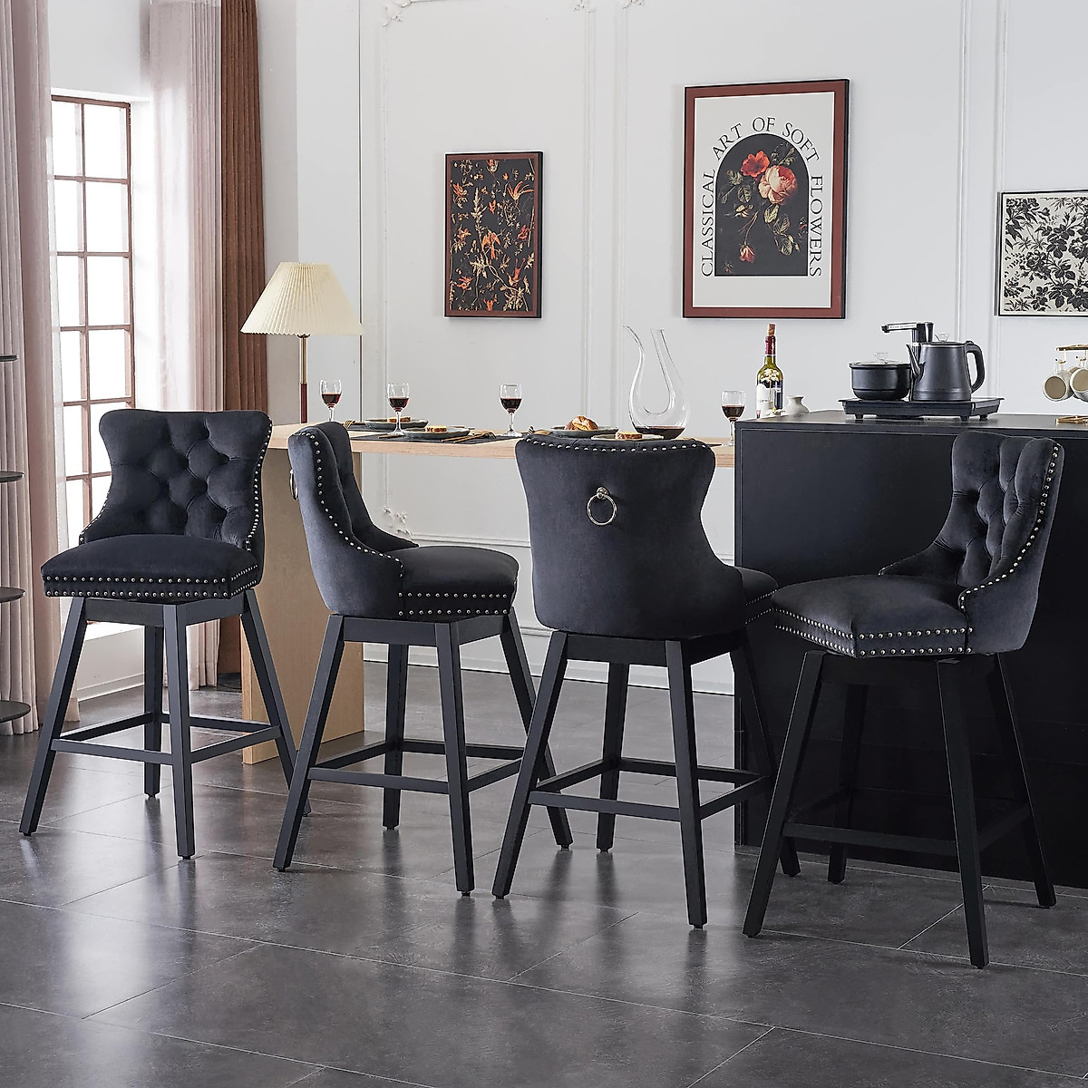 Fahomiss Swivel Bar Stools, Barstool Set of 4 with Back, Bar Height Stools, Black Barstools for Kitchen Island, Counter Height Velvet Bar Stools with Upholstered Seat, Wood Legs for Home Bar