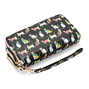 Ecohaso Womens Wallet, Large Capacity Cellphone Wallets Cute Cat Pattern, Double Zipper Long Leather Wristlet Clutch Purse
