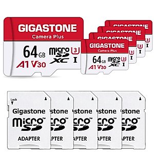 [Gigastone] 64GB 5-Pack Micro SD Card, Camera Plus, MicroSDXC Memory Card for Wyze, Video Camera, Security Camera, Smartphone, Fire tablet, 4K Video Recording, UHS-I U3 A1 V30, 95MB/s, with Adapter