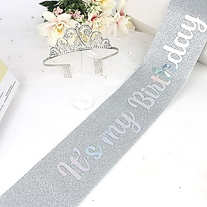 BAHABY Birthday Crown for Women It's My Birthday Sash & Rhinestone Tiara Set Birthday Sash and Tiara for Women Rhinestone Headband for Girl Glitter Crystal Hair Accessories for Party- Silver