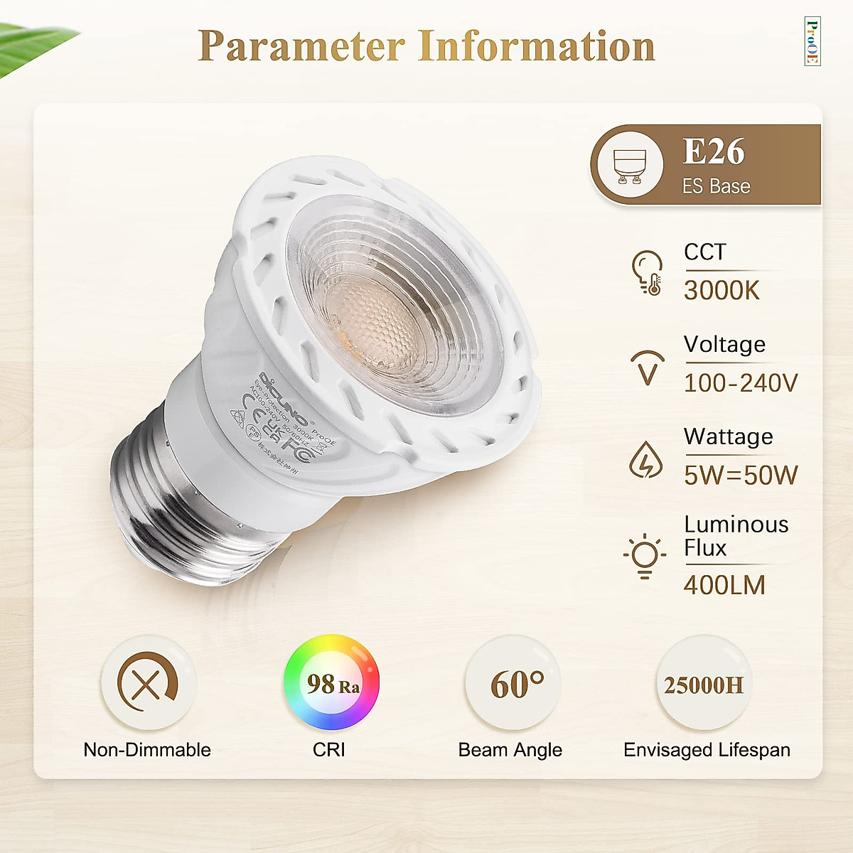 DiCUNO PAR16 LED Bulb 5W, 50W Halogen Equivalent, 3000K Warm White High CRI 98, 100-240V E26 Base Light Bulb 400 Lumens Non-Dimmable Spotlight, 60 Degree Beam Angle, 2 Packs