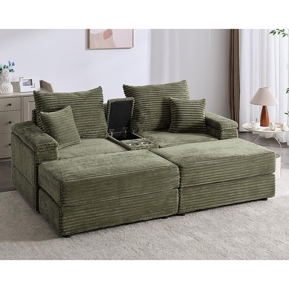 Suheww Oversized Loveseat Sectional Sofa Couch with Ottomans, Oversized 2-Seater Green Corduroy Chaise Lounge Chair with USB Ports, Corduroy Sofa Double-Upholstered Comfy Sleeper Sofa for Living Room