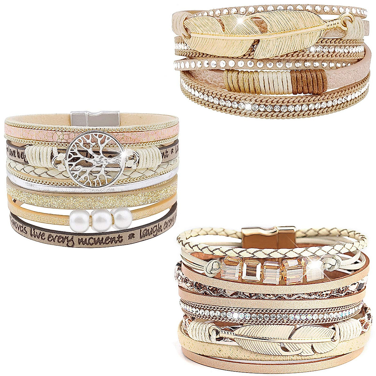 Wovanoo Leather Wrap Bracelet Set 3Pack Wrist Cuff Bracelet for Women Multilayer Magnetic Clasp Bracelet Feather Tree Bead Crystal Bracelet 3pack