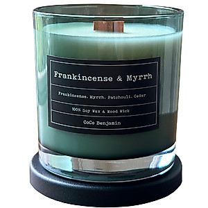 (Frankincense & Myrrh) Wooden Wick, 100% Soy, Highly Scented, Hand Poured Soy Candle, 8 oz