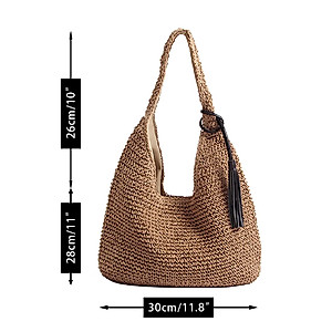 JBRUN Women Straw Shoulder Bag Handmade Woven Handbag Summer Beach Tote Straw Leather Handle Large Bucket Bag (E-Brown)