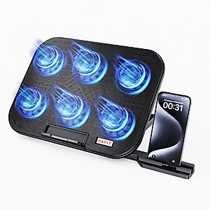 HAVIT Laptop Cooling Pad with 6 Quiet Fans and Adjustable Heights for 12-14.1 Inch Laptops, Dual USB Ports, Phone Holder, Efficient Cooling Stand for Heat Dissipation