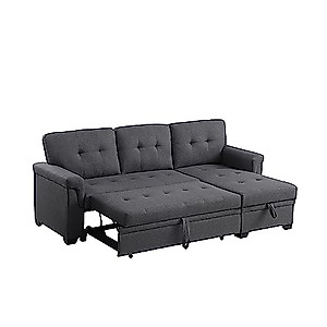 OMMGG 84'' L-Shape Convertible Sleeper Sectional Sofa, Linen Upholstered Reversible Corner 3 Person Couch with Storage Chaise and Pull-Out Bed, for Living Room, Apartment, 84, Dark Gray-1