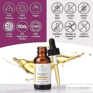 Health Priority Organic Vitamin E Oil for Skin & Scars - 15000 IU, 1 Fl Oz - Handmade in South Carolina, Non-GMO, Gluten & Cruelty Free, Vegan - Lavender Scented