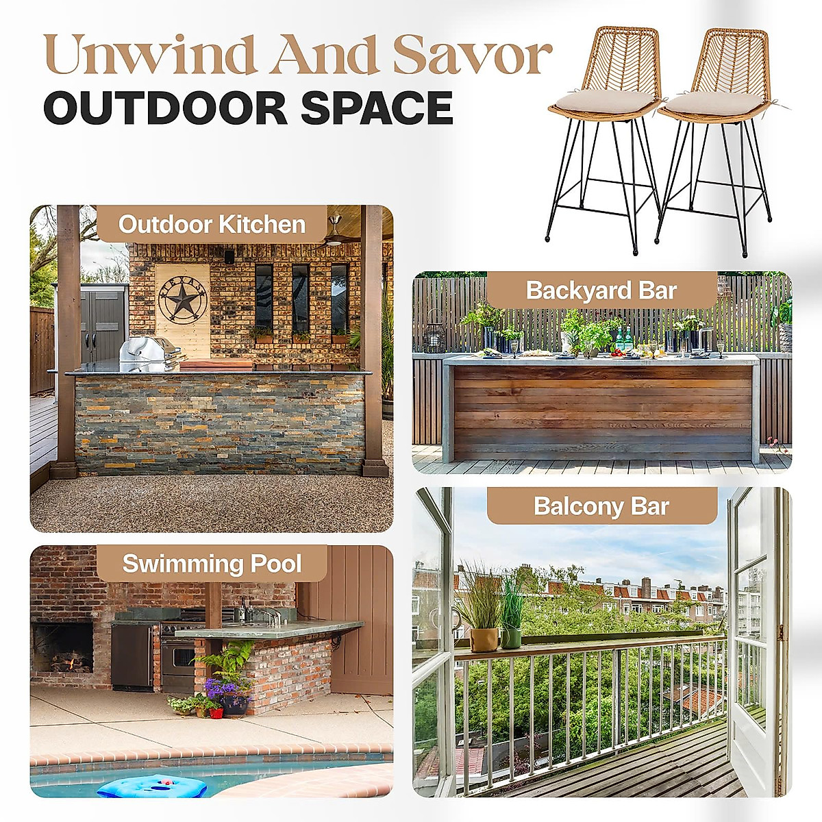 IDZO Rattan Counter Height Bar Stools Upgraded, 36.5" Tall, 400lbs Weight Endurance, Steel Frame, Plush Cushions, Ideal as a Bar Stools Set of 2